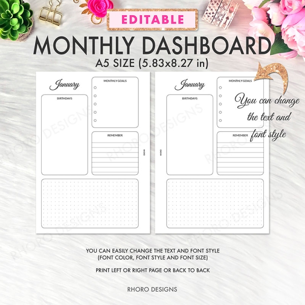EDITABLE A5 Planner Inserts Printable, A5 Monthly Dashboard Inserts, A5 ...